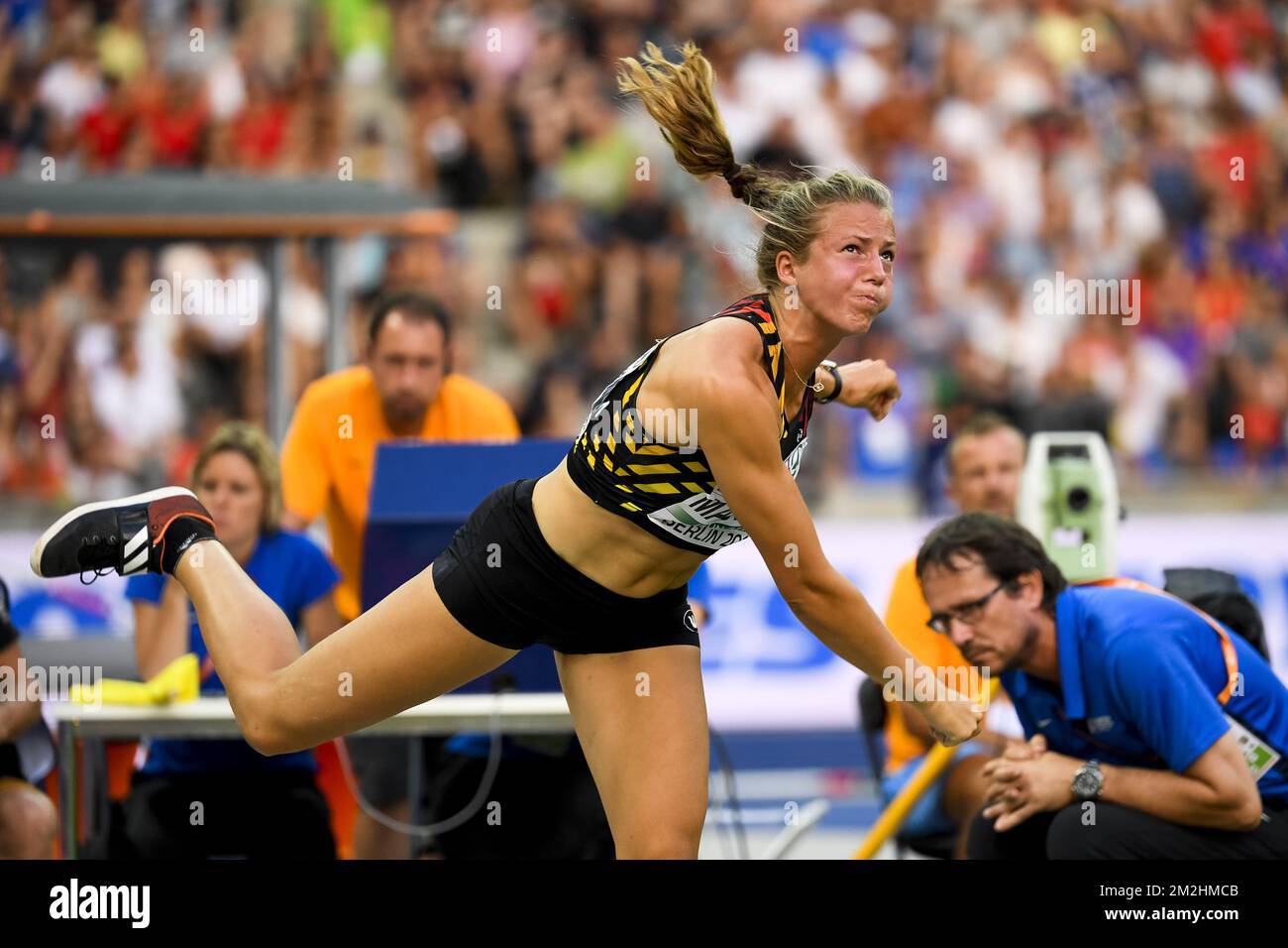 Belgian Hanne Maudens pictured in action during the shot put discipline ...