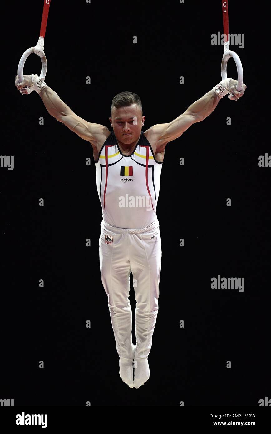 Belgian gymnast Dennis Goossens pictured at the Rings Exercise at the ...