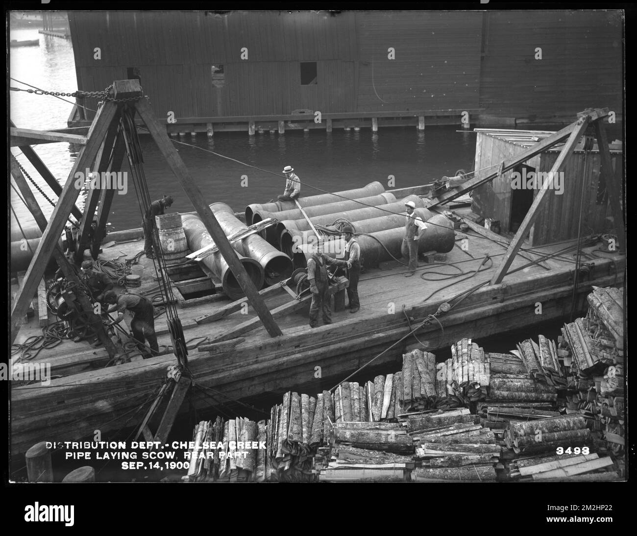 Distribution Department, Low Service Pipe Lines, pipe-laying scow, rear ...
