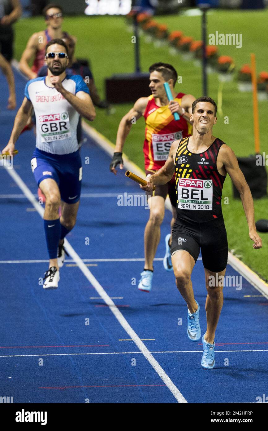 Belgian athlete Kevin Borlee celebrates as he crosses the finish line ...