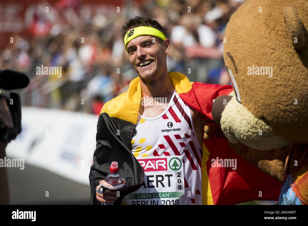 Belgian athlete Koen Naert celebrates with Berlino the mascotte, after ...