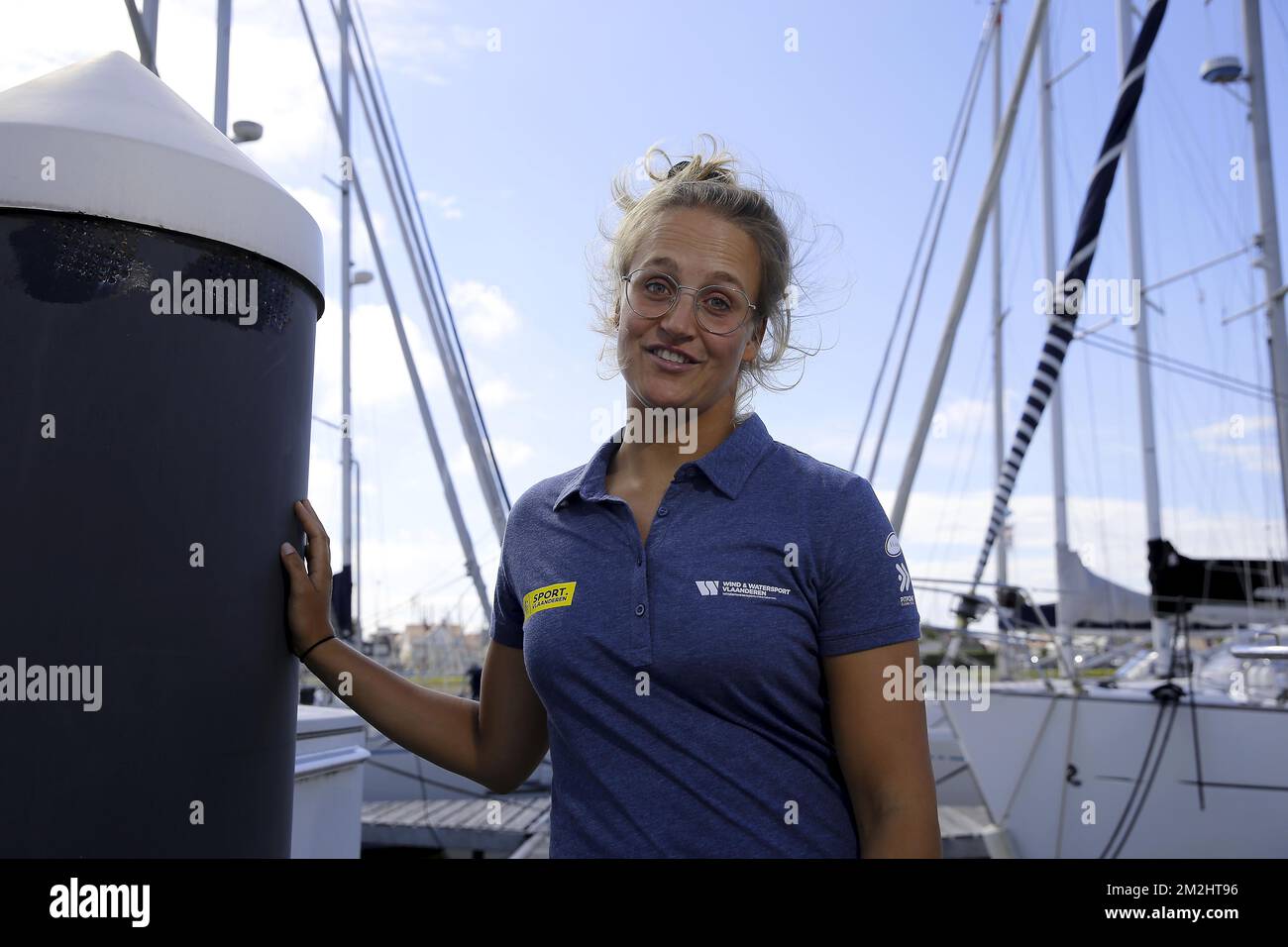 Belgian sailor Emma Plasschaert poses for the photographer at a press ...