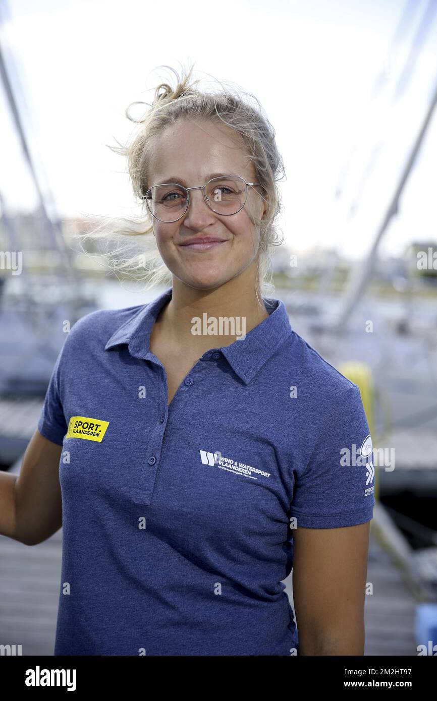 Belgian sailor Emma Plasschaert poses for the photographer at a press ...