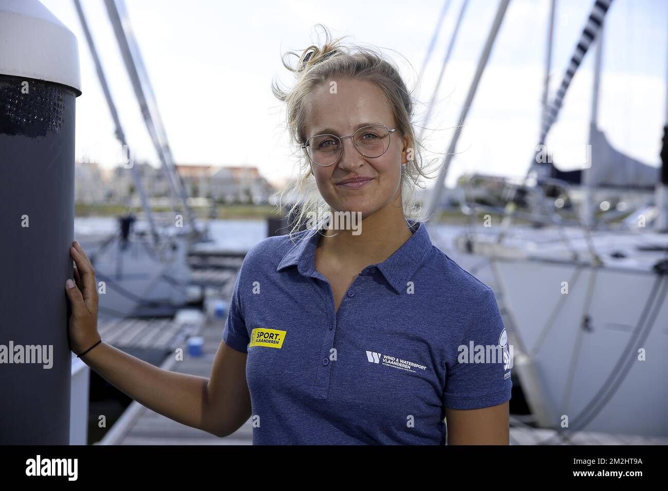 Belgian sailor Emma Plasschaert poses for the photographer at a press ...