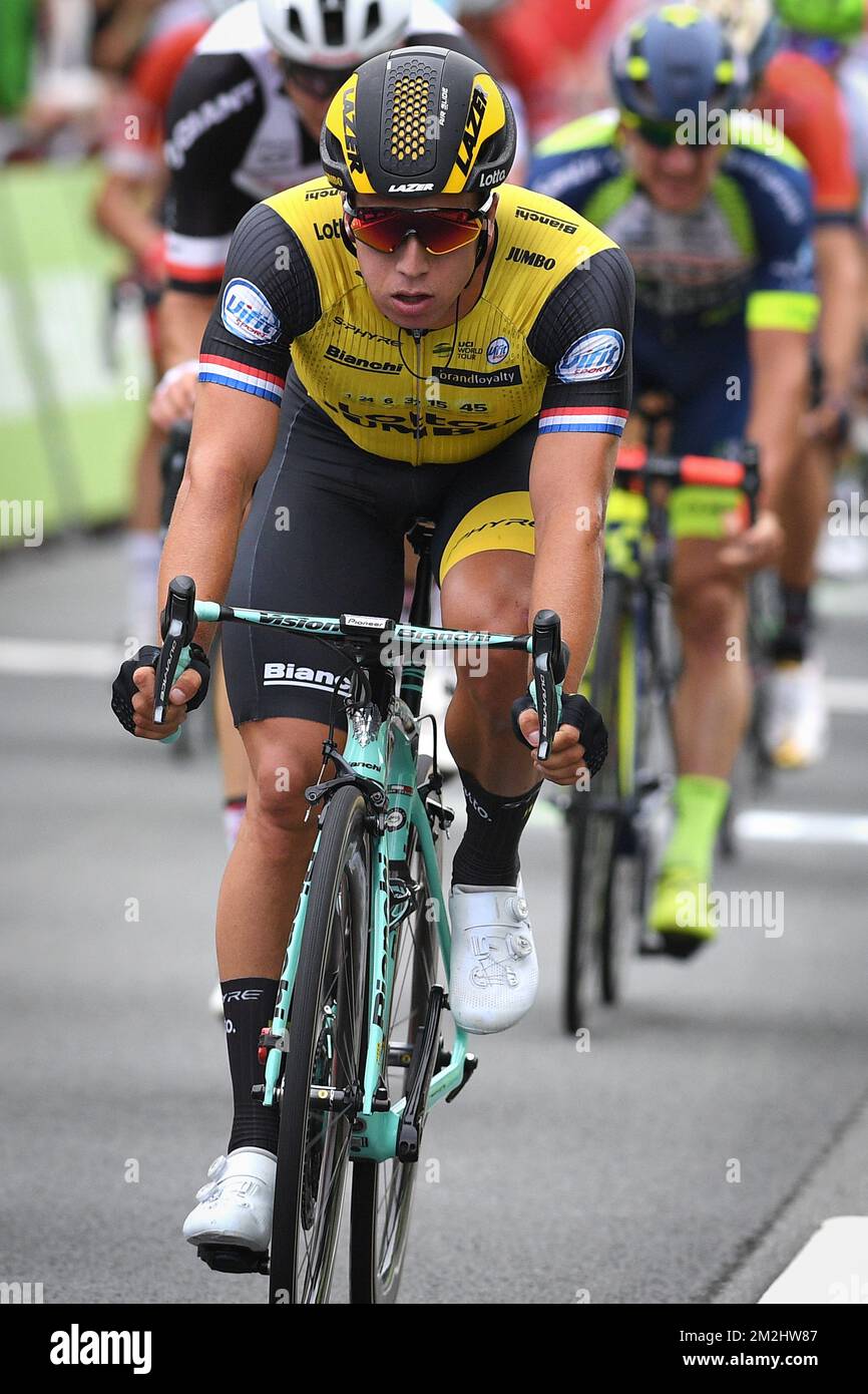 Dutch Dylan Groenewegen of Team LottoNL-Jumbo crosses the finish line ...