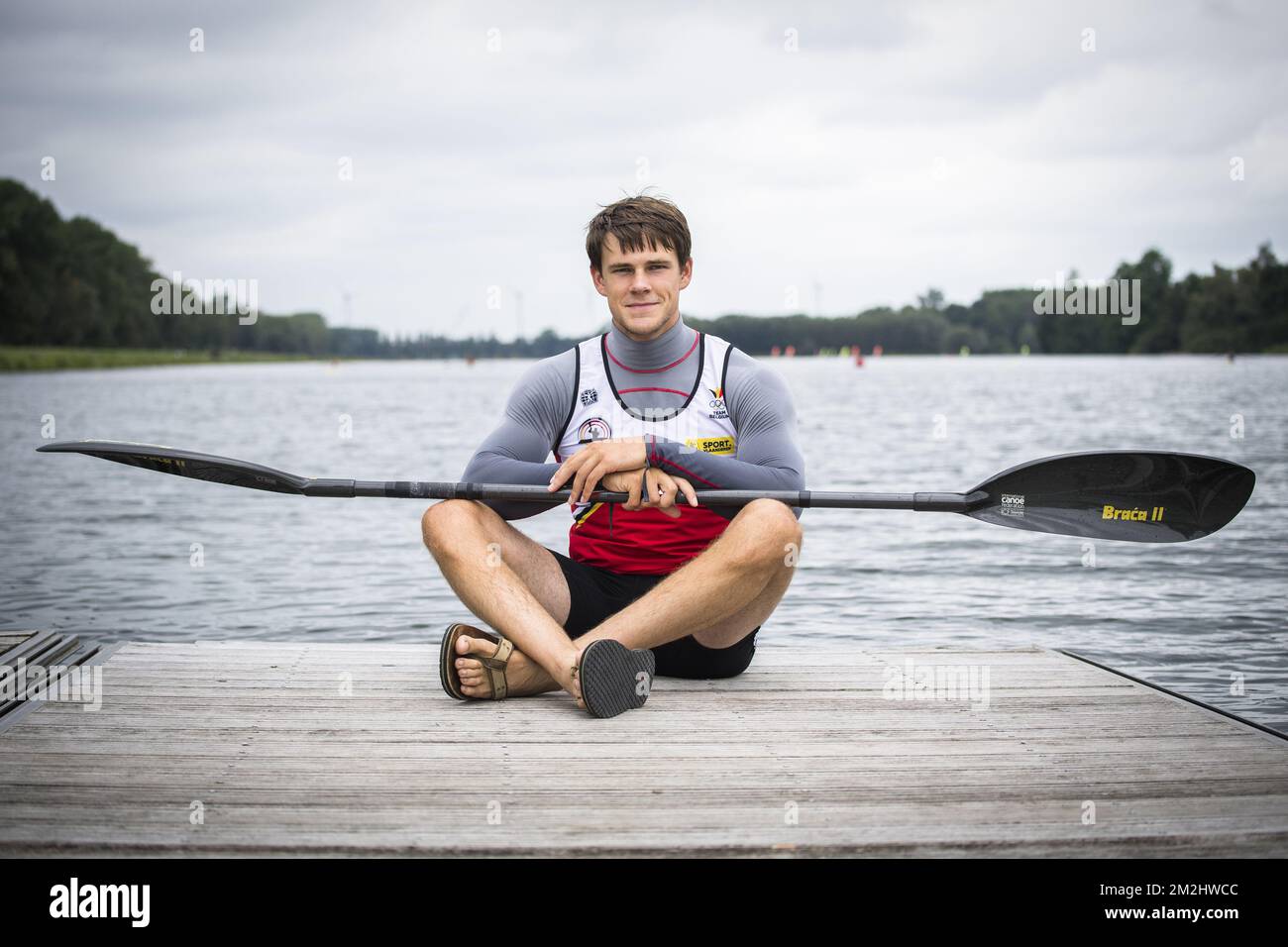 Belgian kayaker Jonathan Delombaerde poses for the photographer at a ...