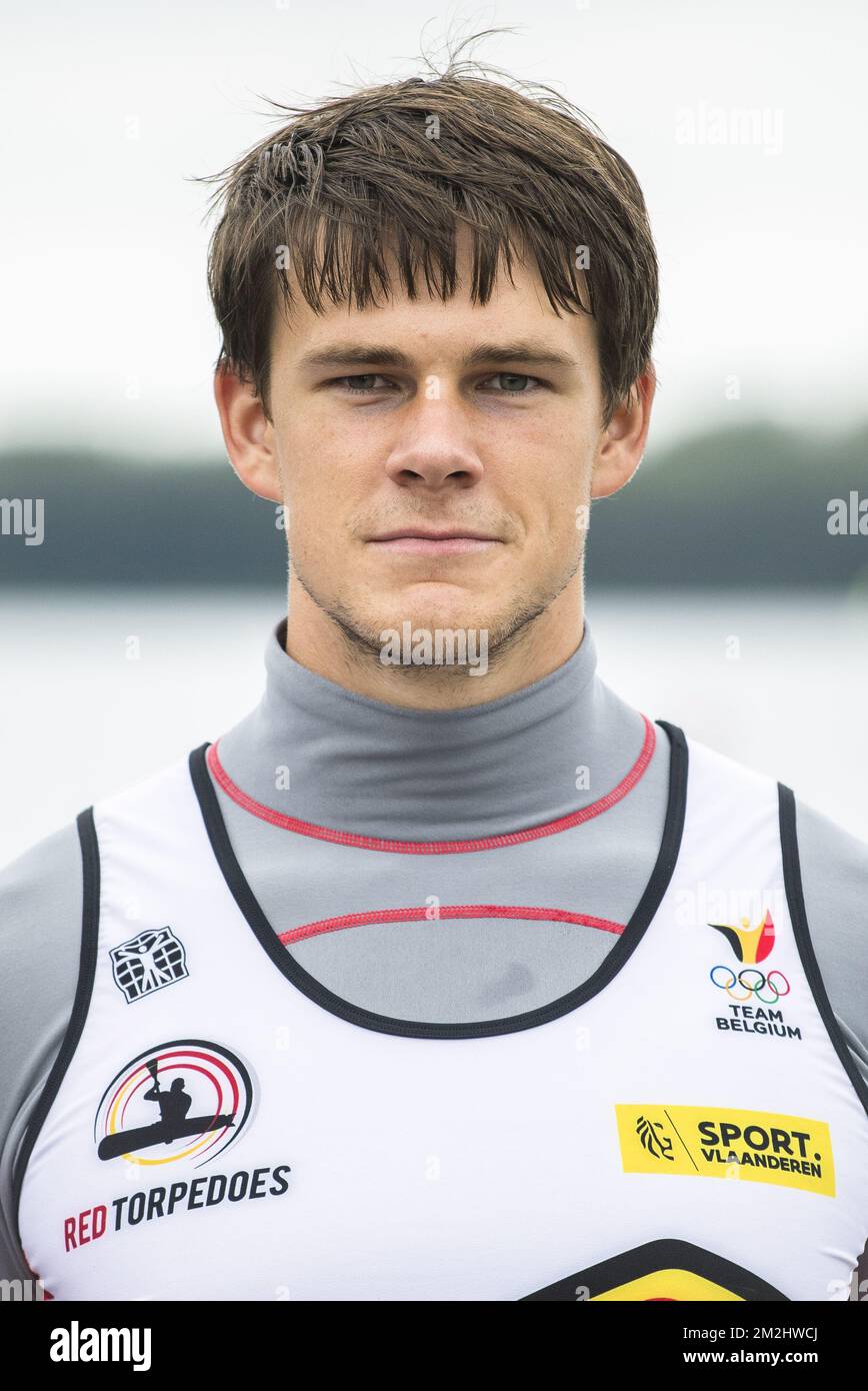 Belgian kayaker Jonathan Delombaerde poses for the photographer at a ...