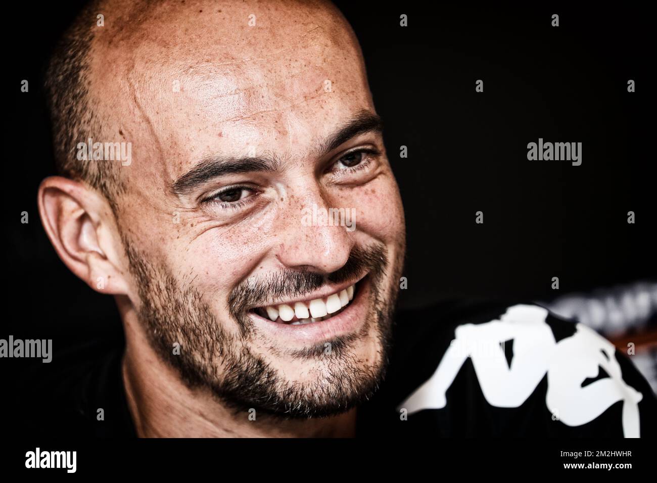 Charleroi goalkeeper French Remy Riou pictured during a press ...