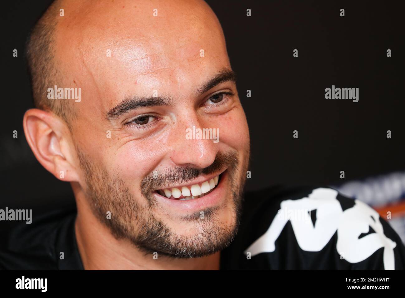 Charleroi goalkeeper French Remy Riou pictured during a press ...