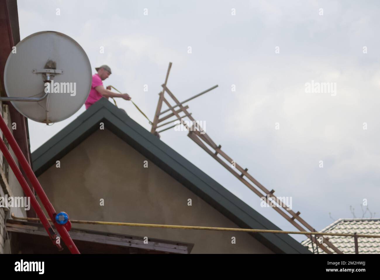 Defocus Roofing Construction and Building New Wooden House Exterior ...