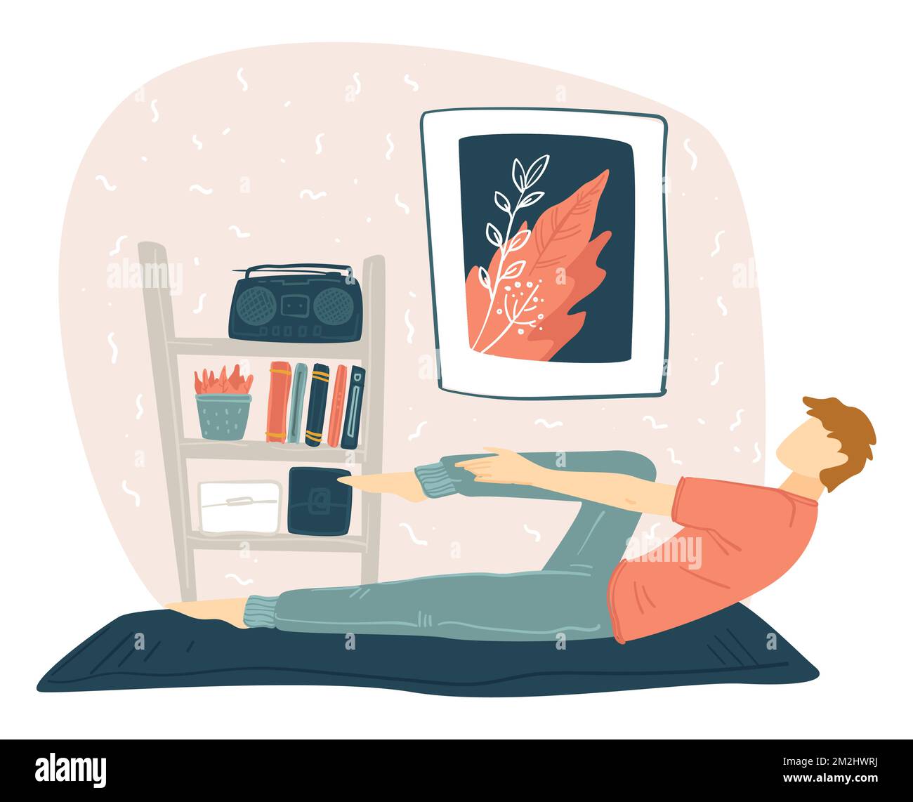 Male character stretching and exercising at home vector Stock Vector ...