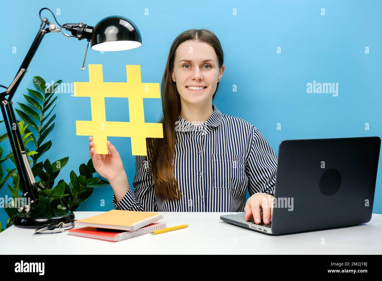 Smiling young employee young woman sitting at workplace with laptop and ...