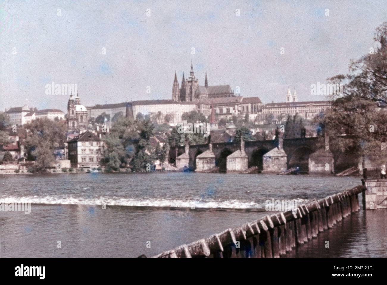 View of the Hradcany Vitava weir Charles Bridge, Prague, Czech Republic ...