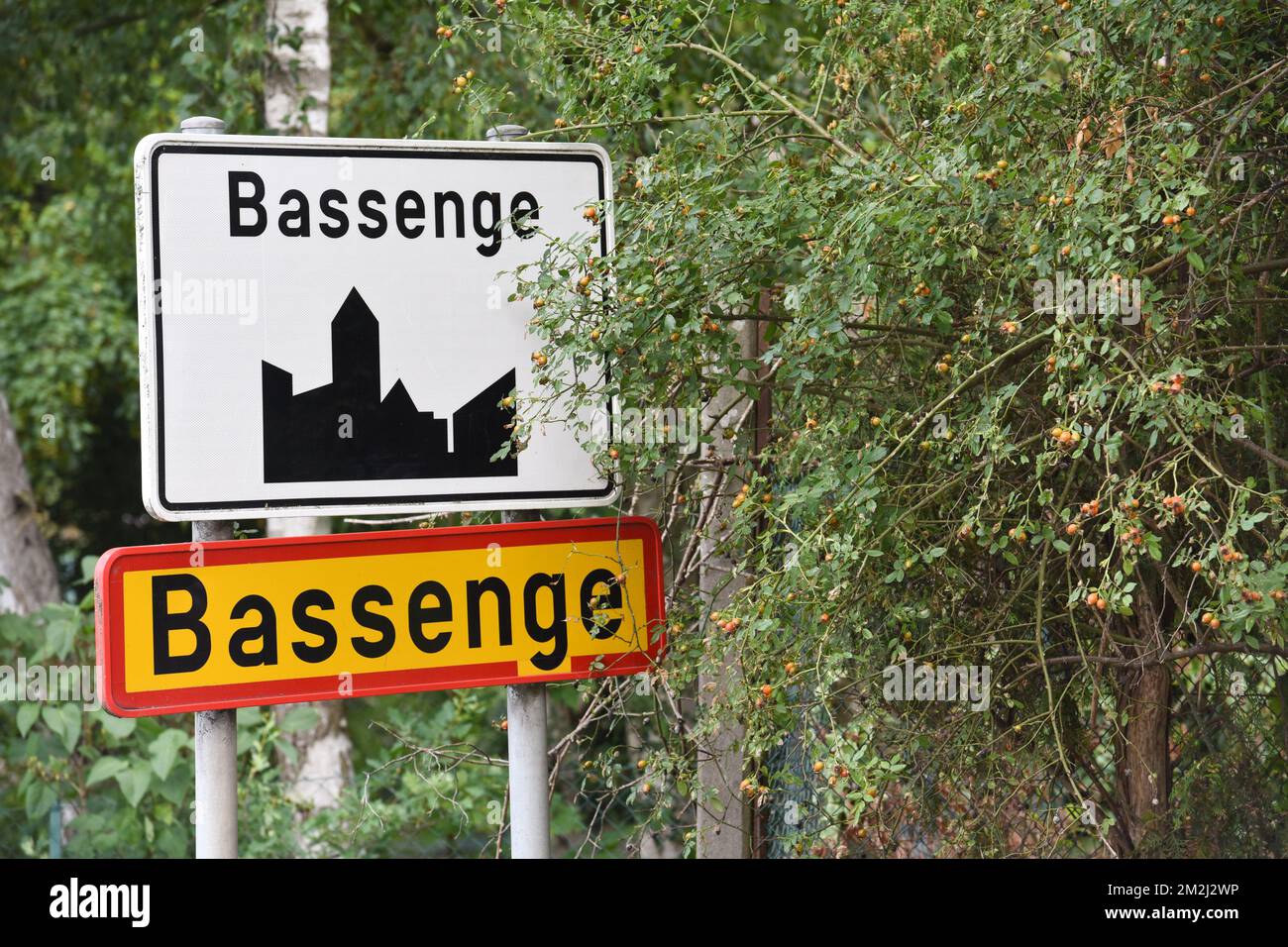 Illustration shows the name of the Bassenge municipality on a road sign ...