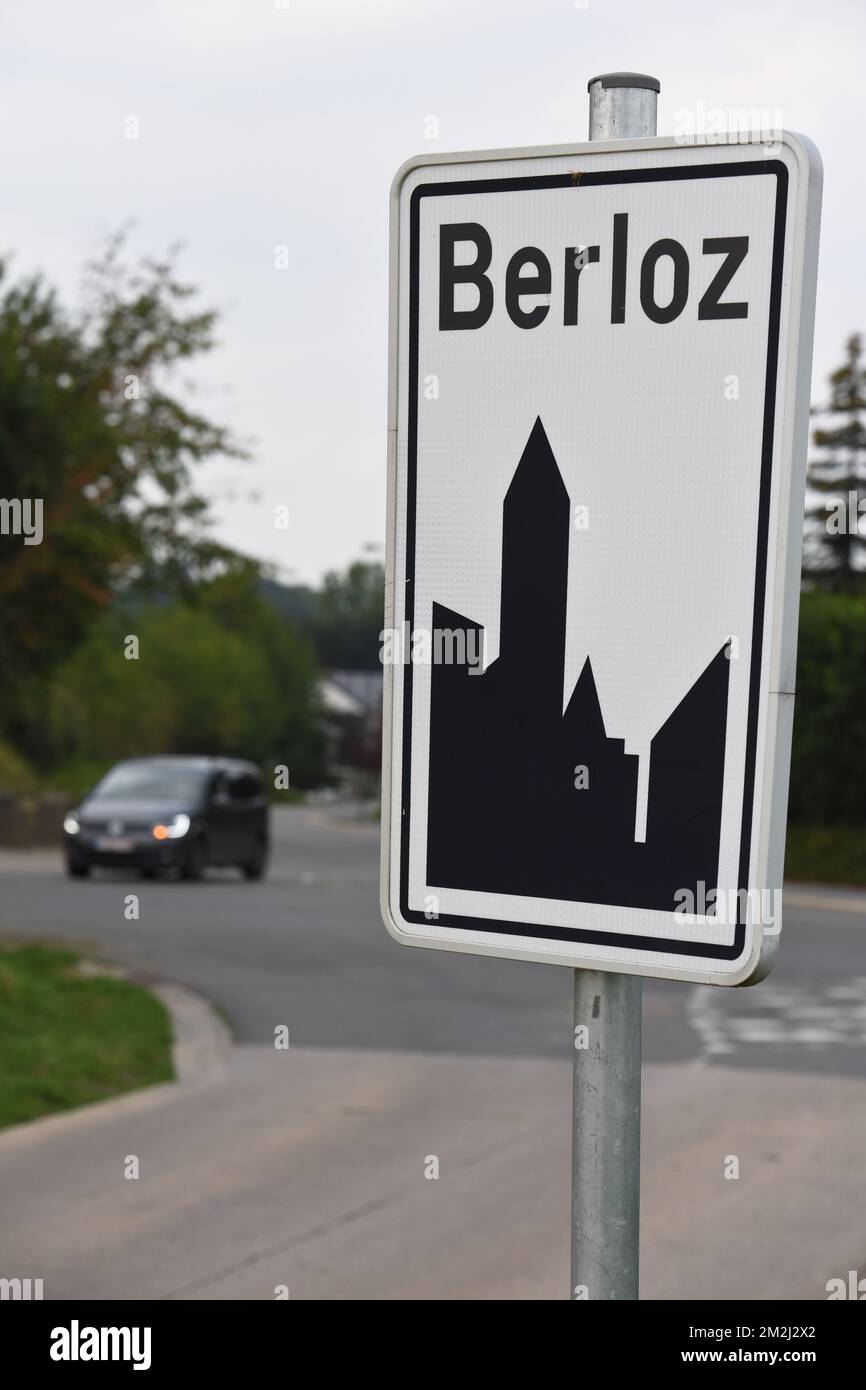 Illustration shows the name of the Berloz municipality on a road sign ...