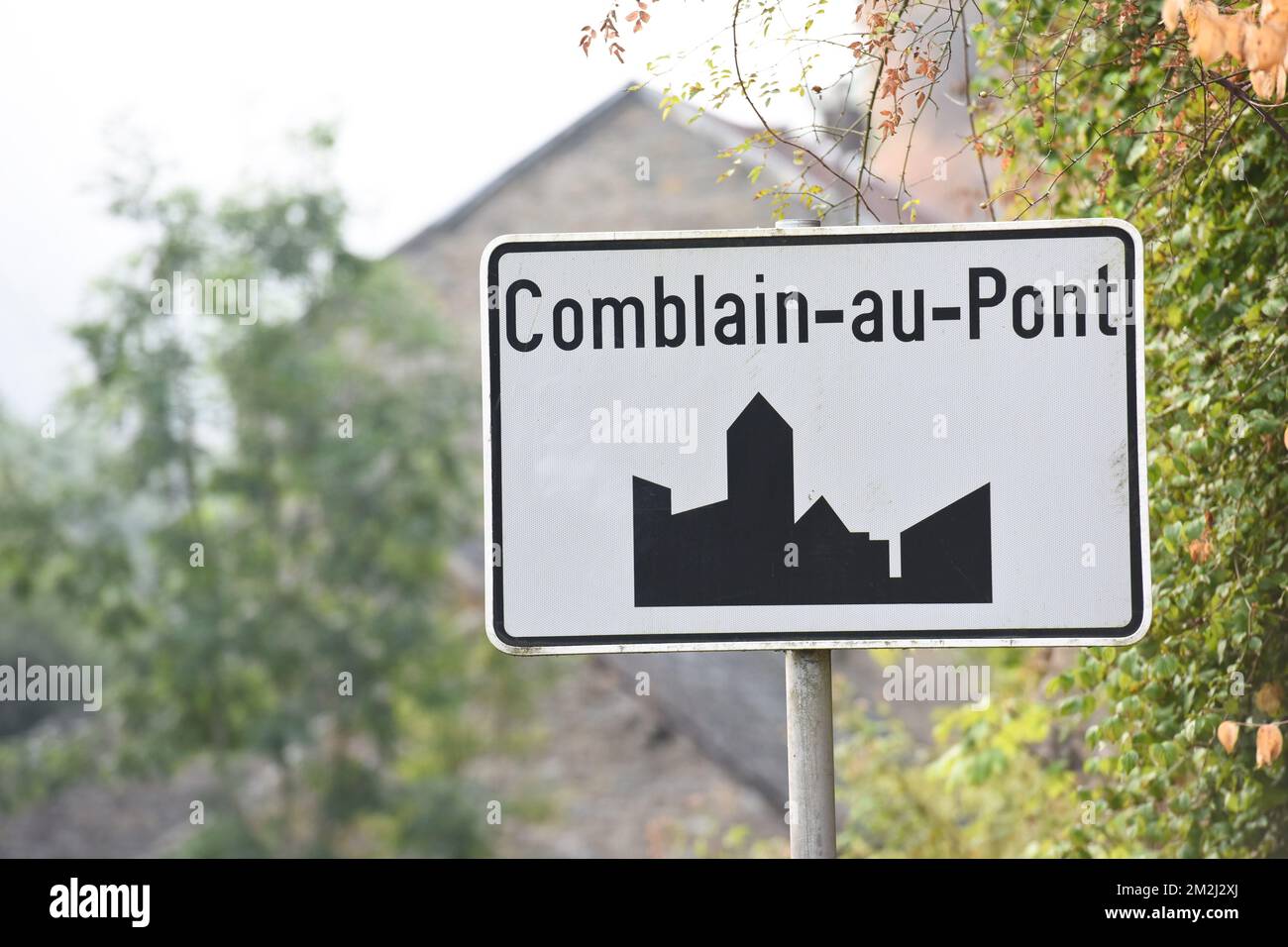 Illustration shows the name of the Comblain-au-Pont municipality on a ...