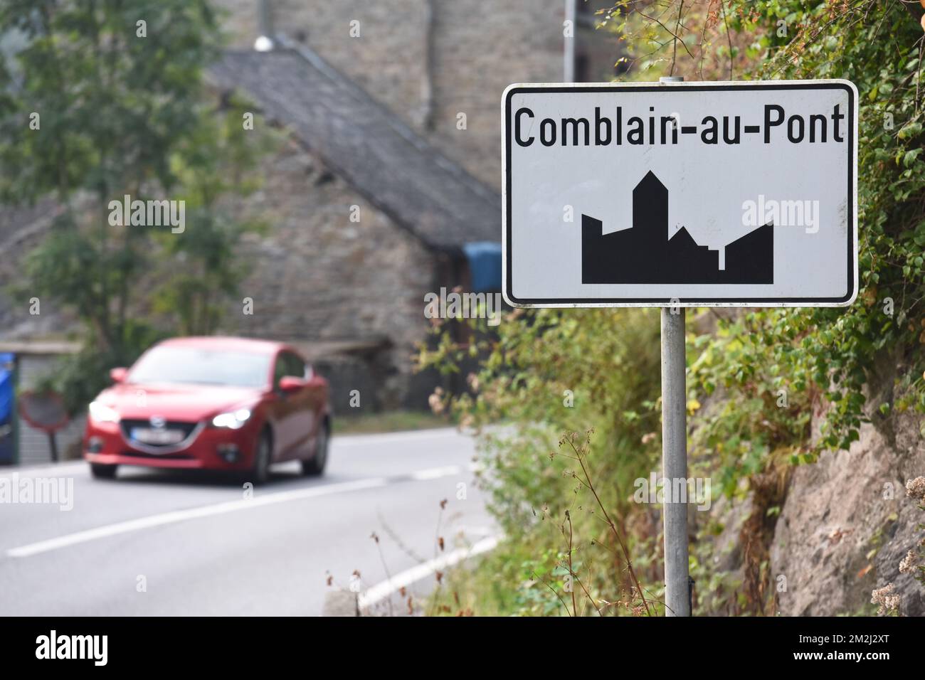Illustration shows the name of the Comblain-au-Pont municipality on a ...