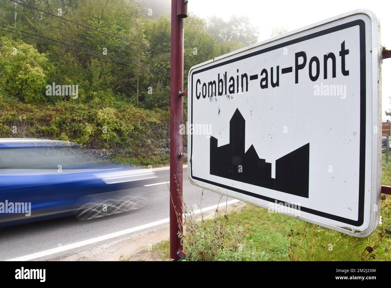 Illustration shows the name of the Comblain-au-Pont municipality on a ...