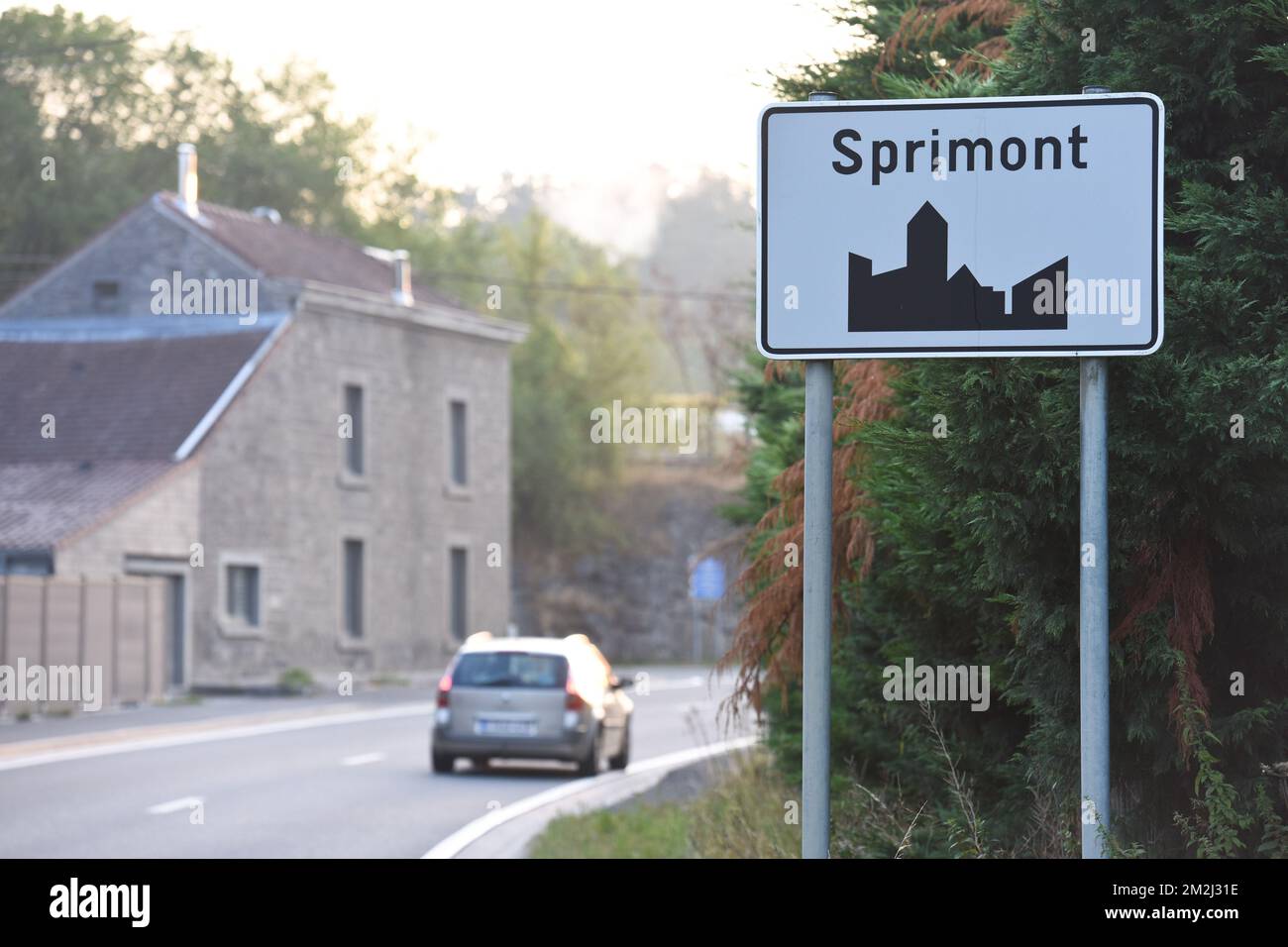 Illustration shows the name of the Sprimont municipality on a road sign ...