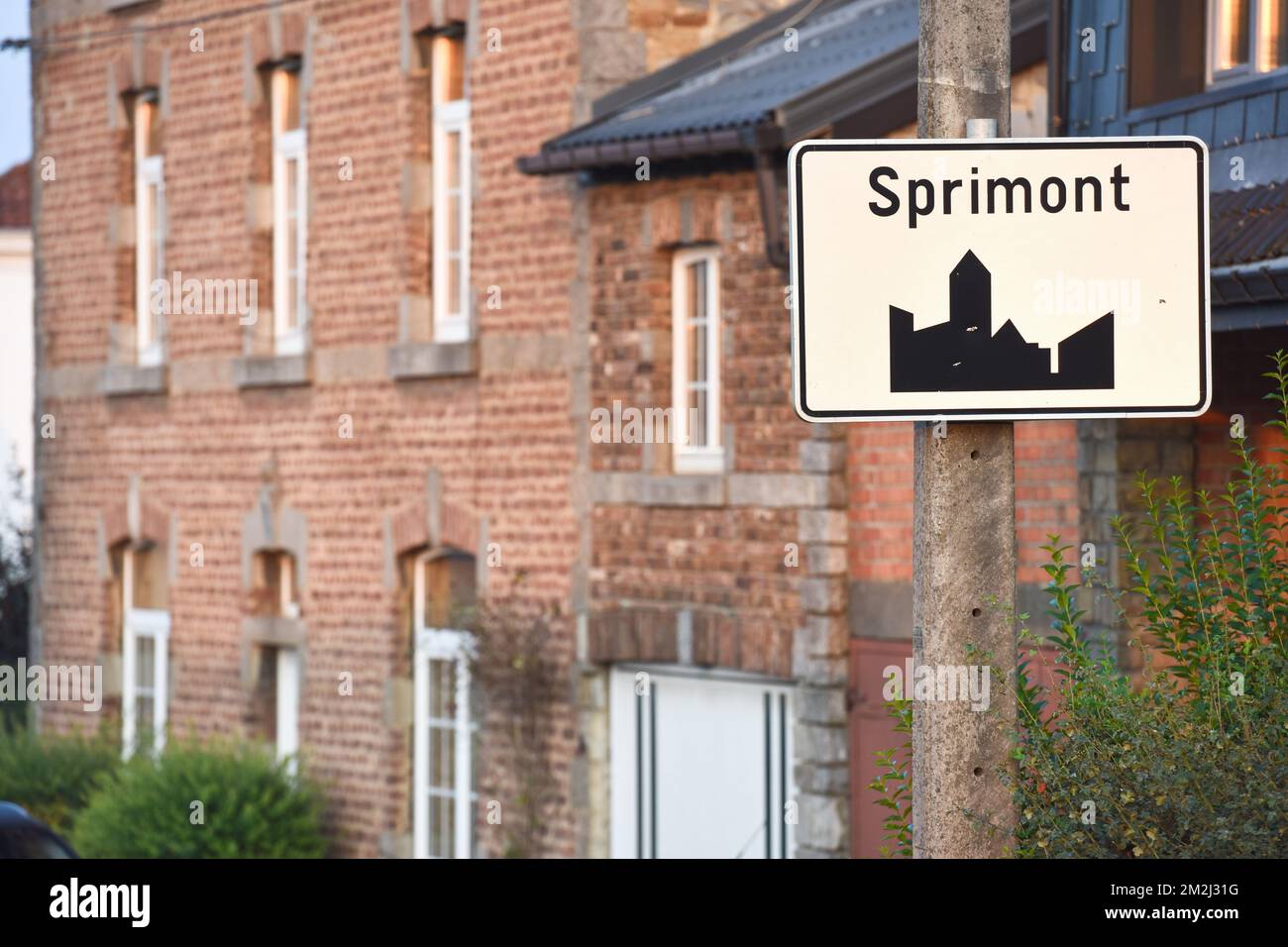 Illustration shows the name of the Sprimont municipality on a road sign ...