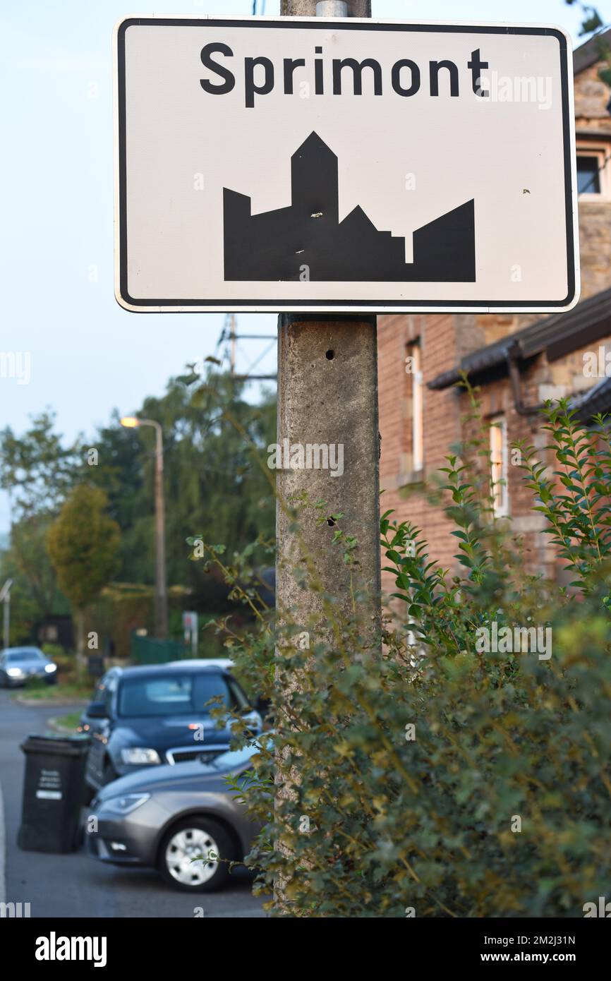 Illustration shows the name of the Sprimont municipality on a road sign ...