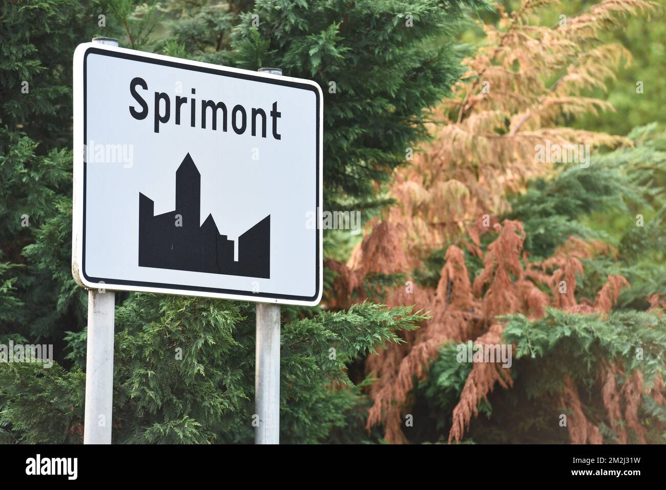 Illustration shows the name of the Sprimont municipality on a road sign ...