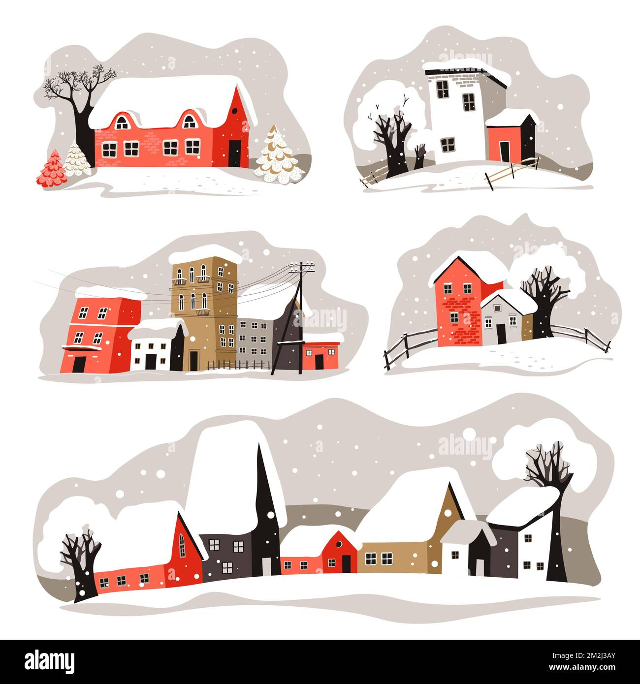 Winter street in city or town, snowy houses rooftops Stock Vector Image ...