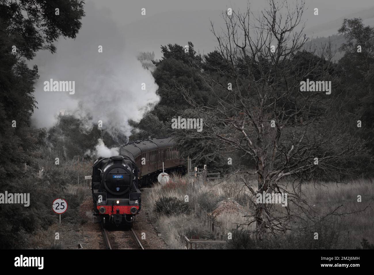 An aerial shot of a steam train driving on a curved railway in a field ...