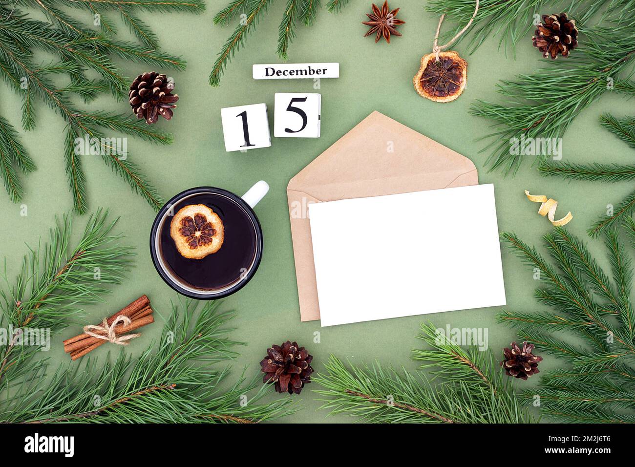 December 15. Calendar date, white blank with craft envelope, cup of tea ...