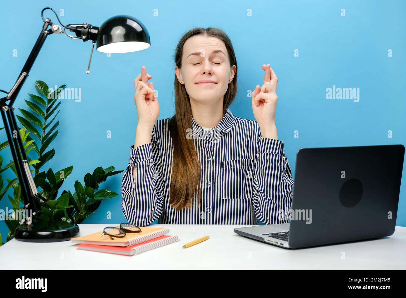Cute successful employee woman sit work at office desk with pc laptop ...