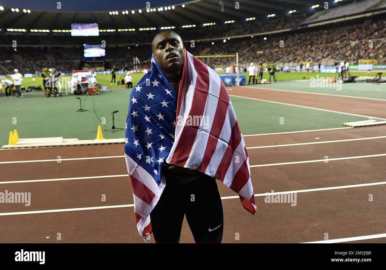 US's Christian Coleman celebrates after winning the men's 100m race at ...