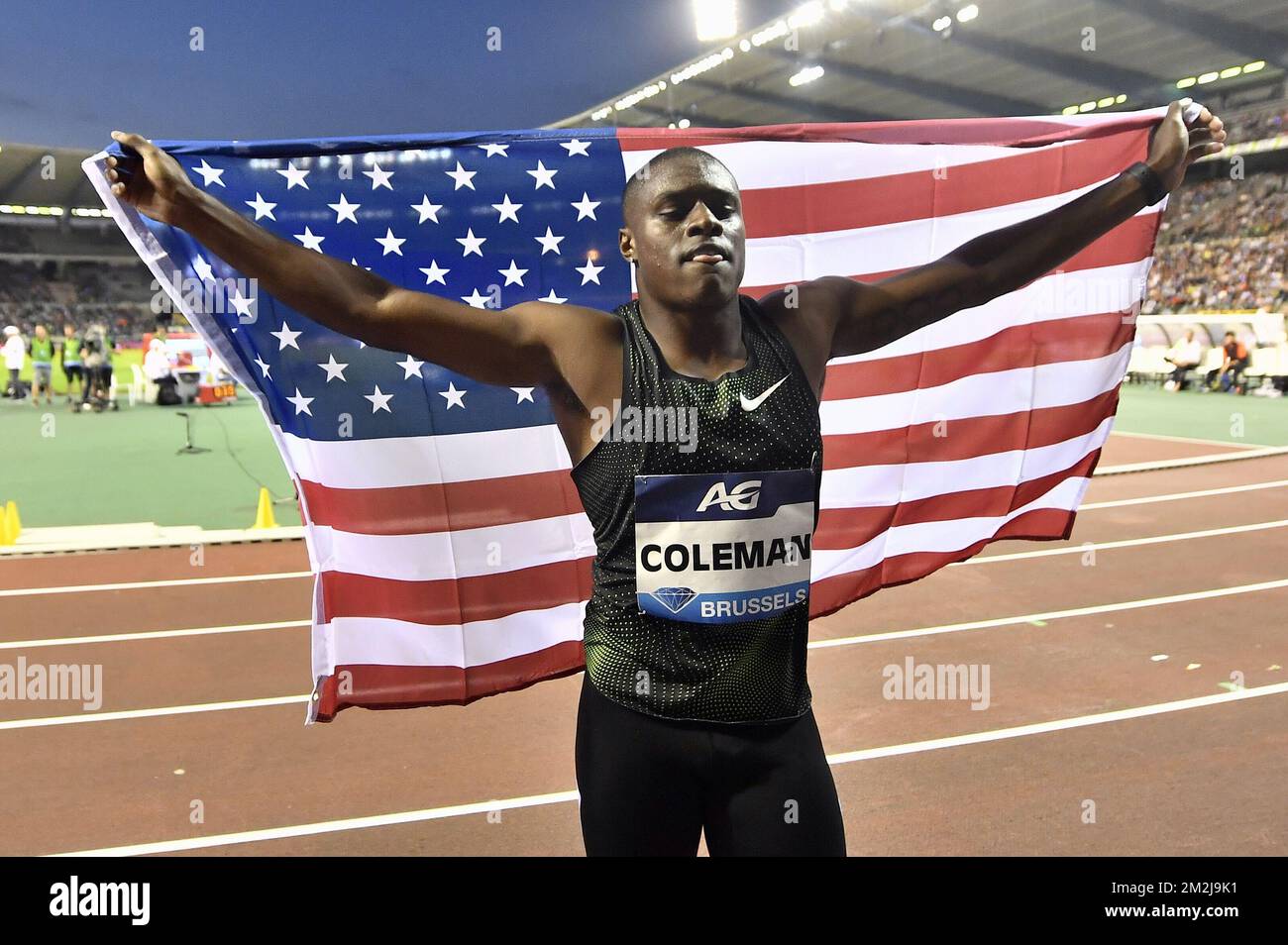 US's Christian Coleman celebrates after winning the men's 100m race at ...