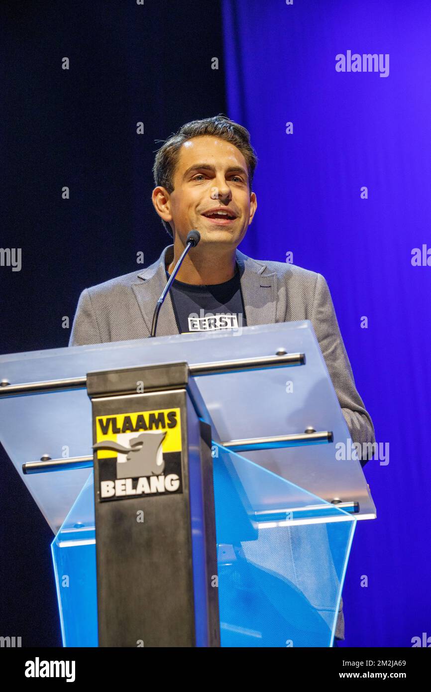 Vlaams Belang chairman Tom Van Grieken delivers a speech at the yearly ...