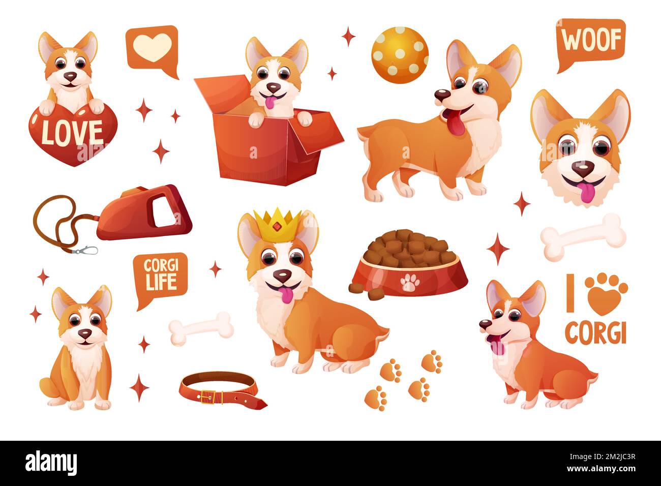 Set corgi dog stickers with crown, wings, sitting, adorable pet ...