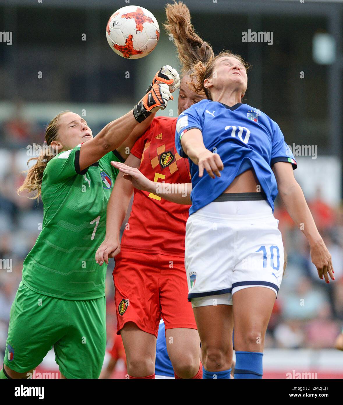 Italy's goalkeeper Laura Giuliani, Belgium's Tine De Caigny and Italy's ...