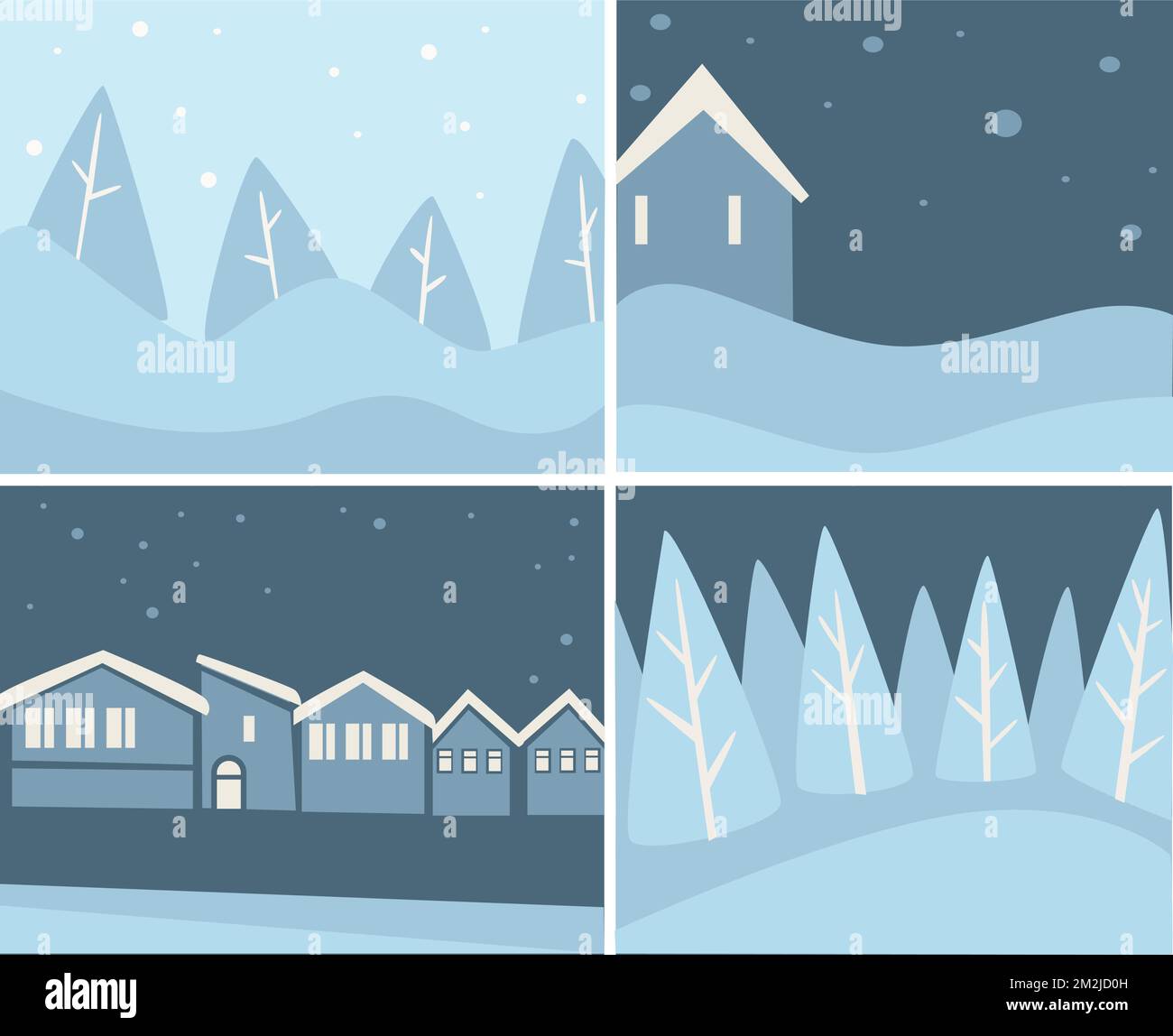 Wintertime scenery set, landscapes and cityscapes with snowflakes ...