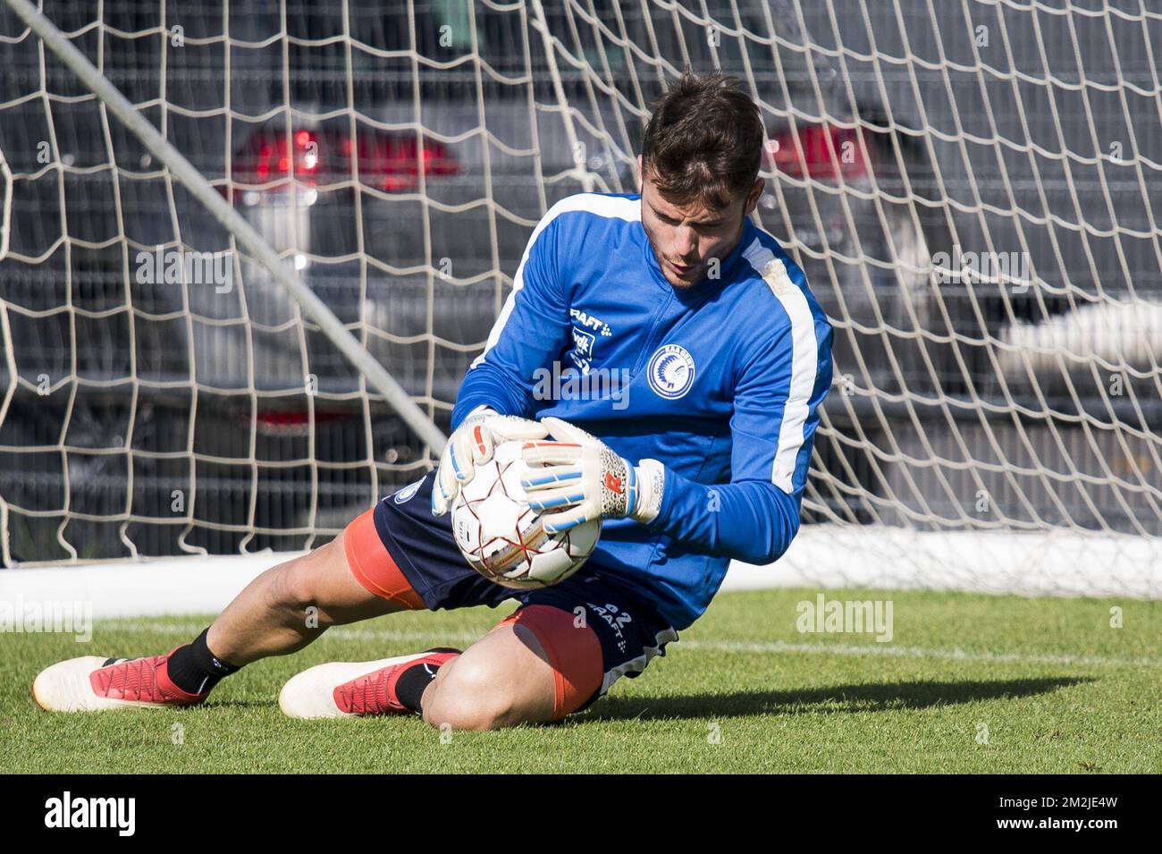 Gent's goalkeeper Colin Coosemans pictured in action during a training ...
