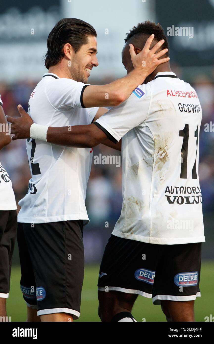 Roeselare's Saviour Godwin celebrates after scoring during a soccer ...