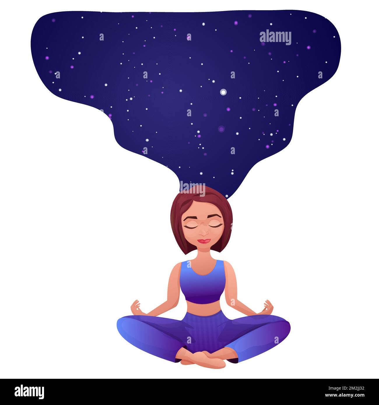 Meditation female character sitting in lotus pose, back view in cartoon ...