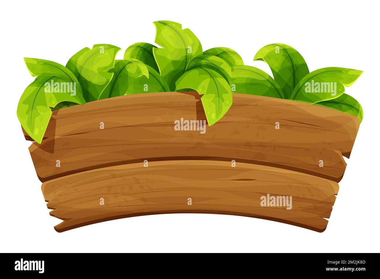 Old wood plank, signboard decorated palm leaves in cartoon style ...