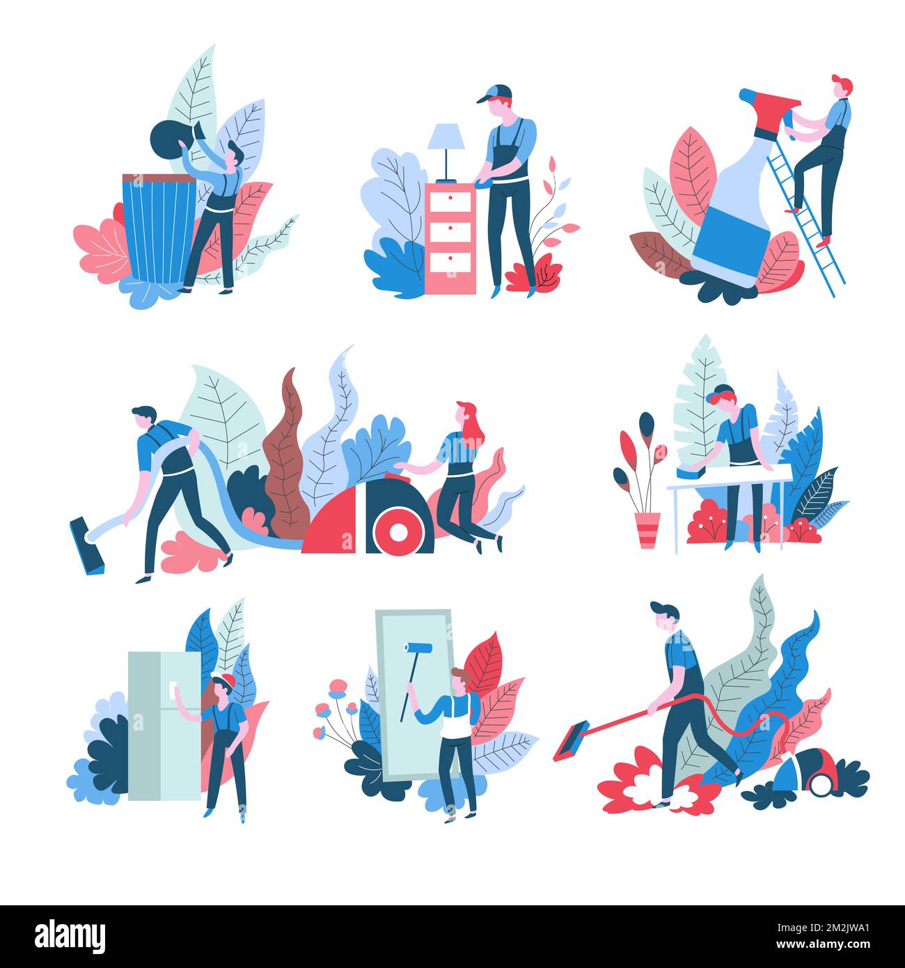 Household cleaning service abstract isolated icons men and women ...