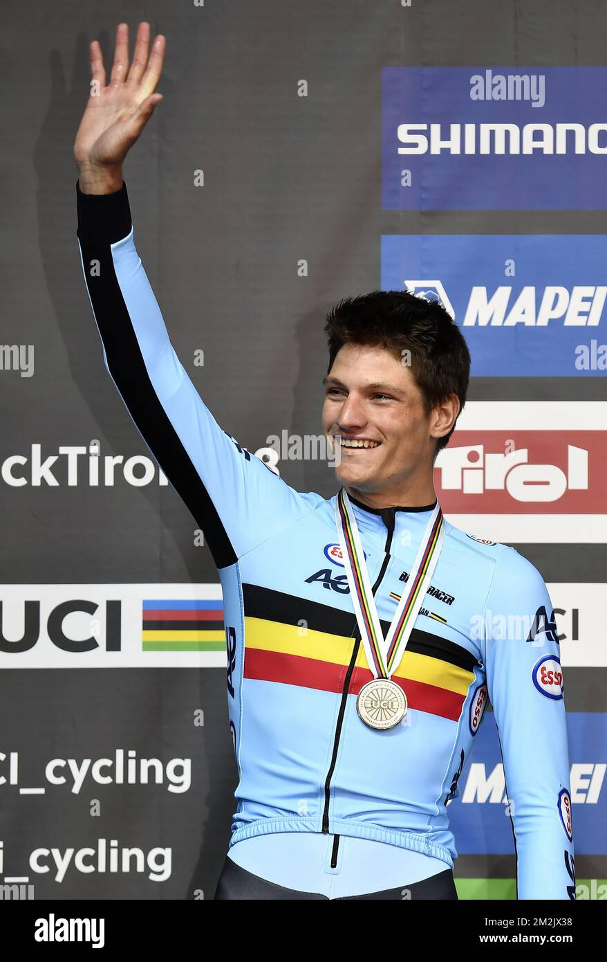 Belgian silver medalist Brent Van Moer celebrates on the podium of the ...