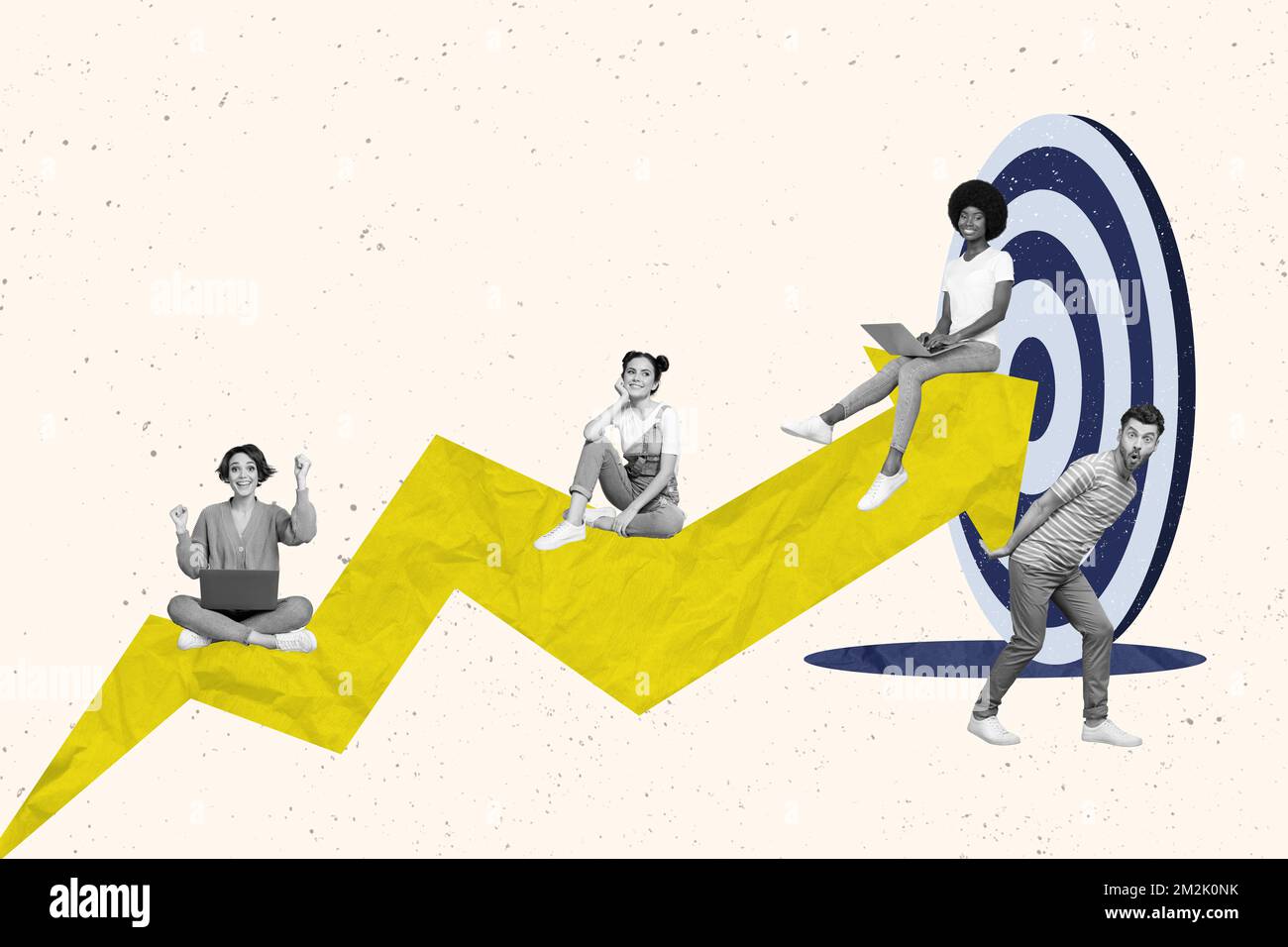 Composite collage image of company team building hit target achieve aim ...