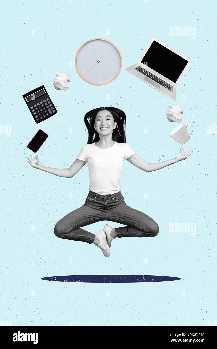 Creative drawing collage picture of meditating levitating young woman ...