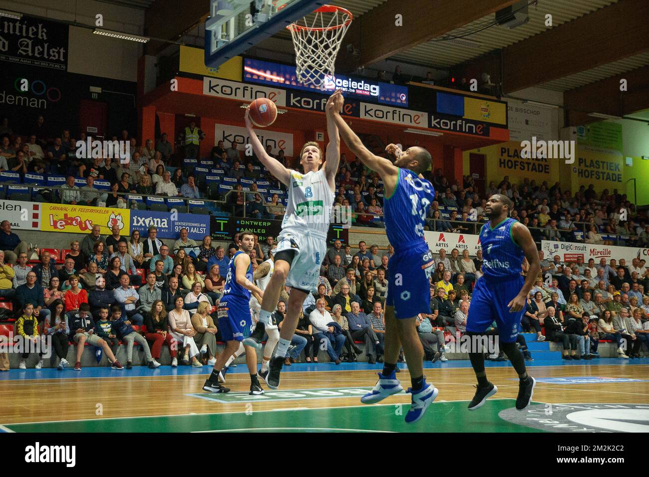 Aalstar's Simon Buysse scores a goal during the basketball match ...