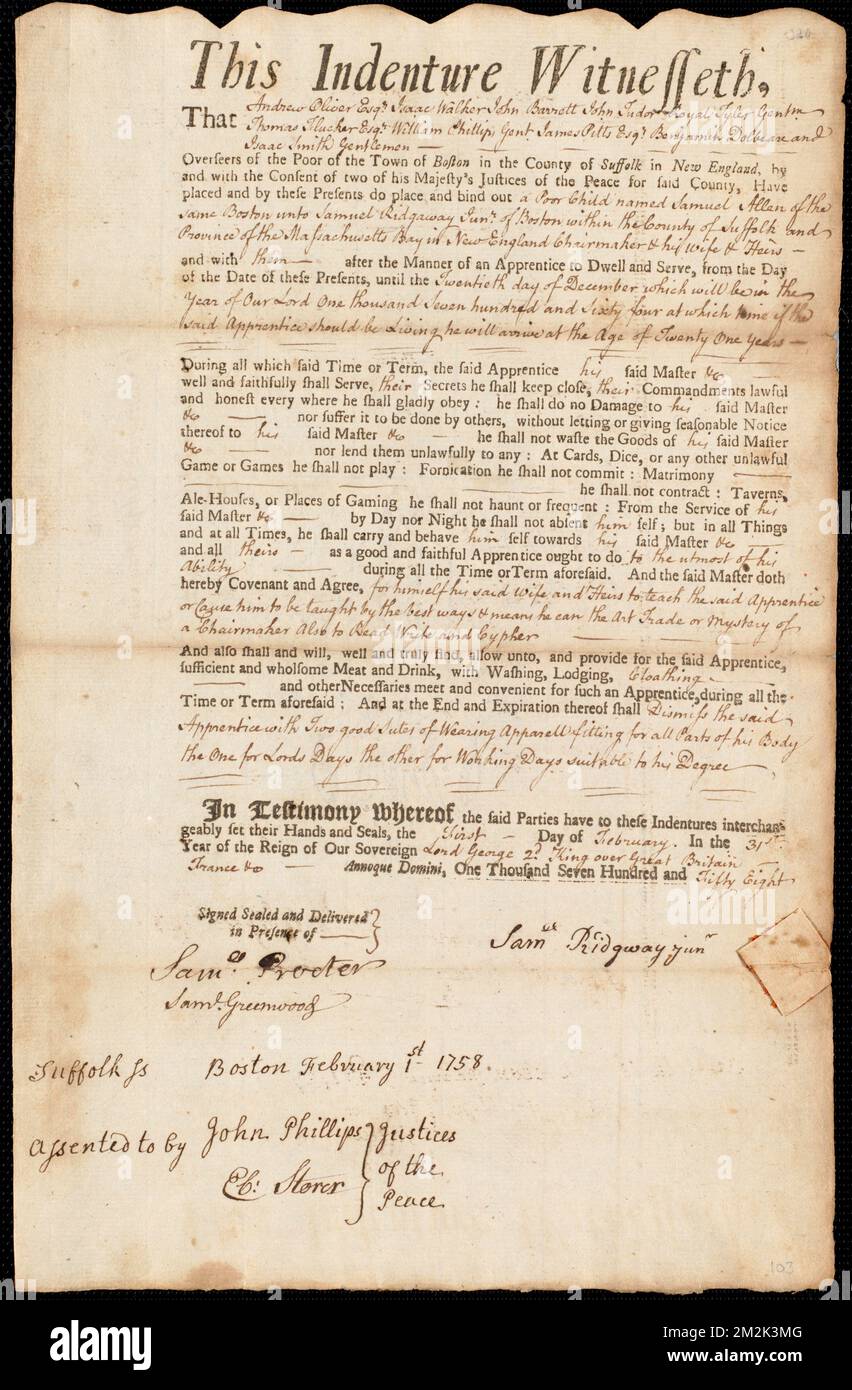 Document of indenture: Servant: Allen, Samuel. Master: Ridgway ...