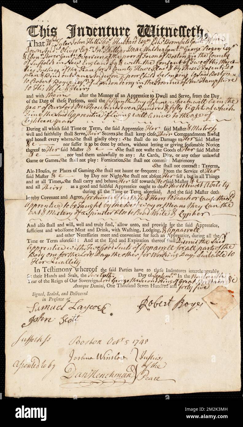 Document of indenture: Servant: Anderson, Jane. Master: Royce, Robert ...