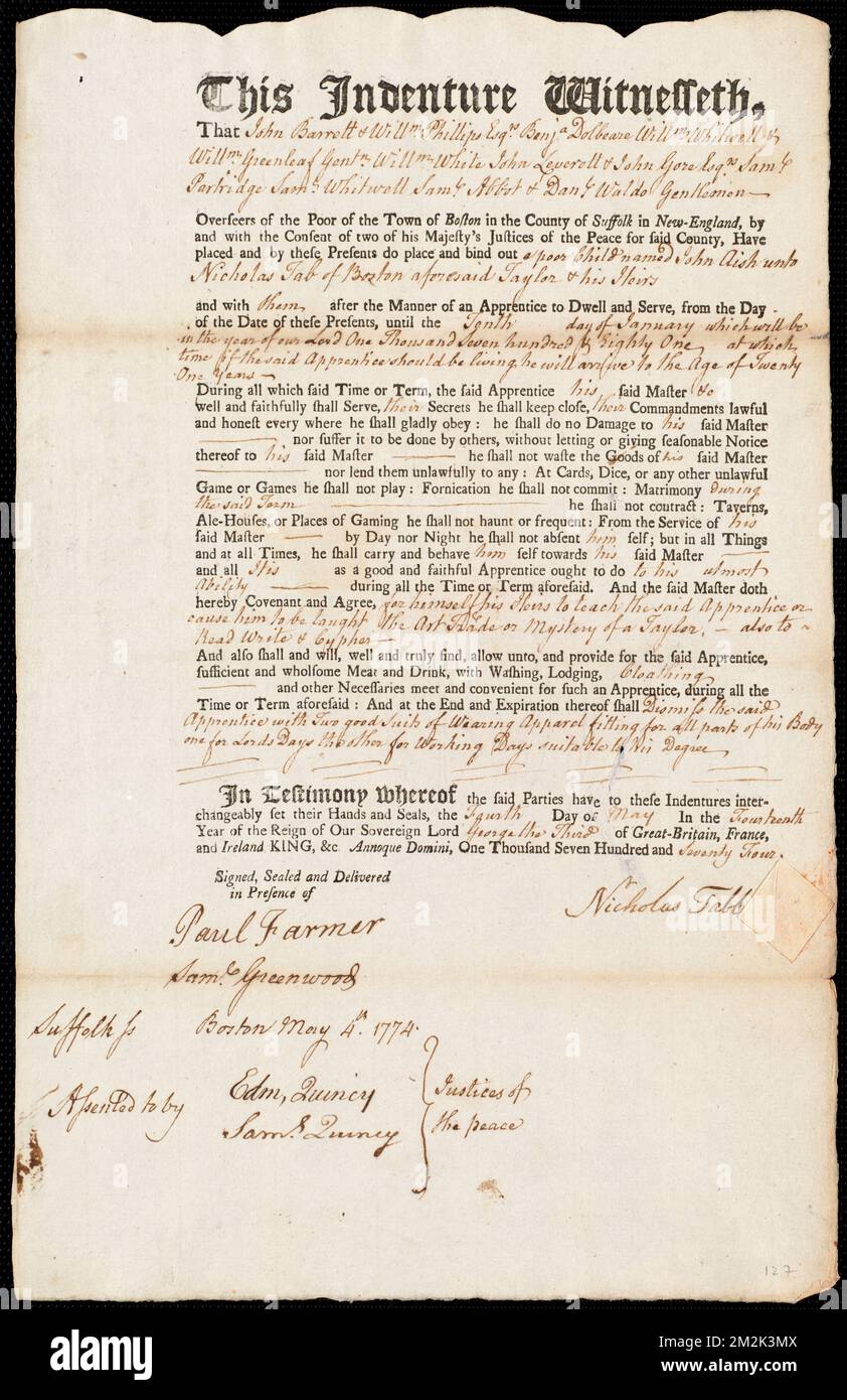 Document of indenture: Servant: Aish, John. Master: Tabb [Tab ...