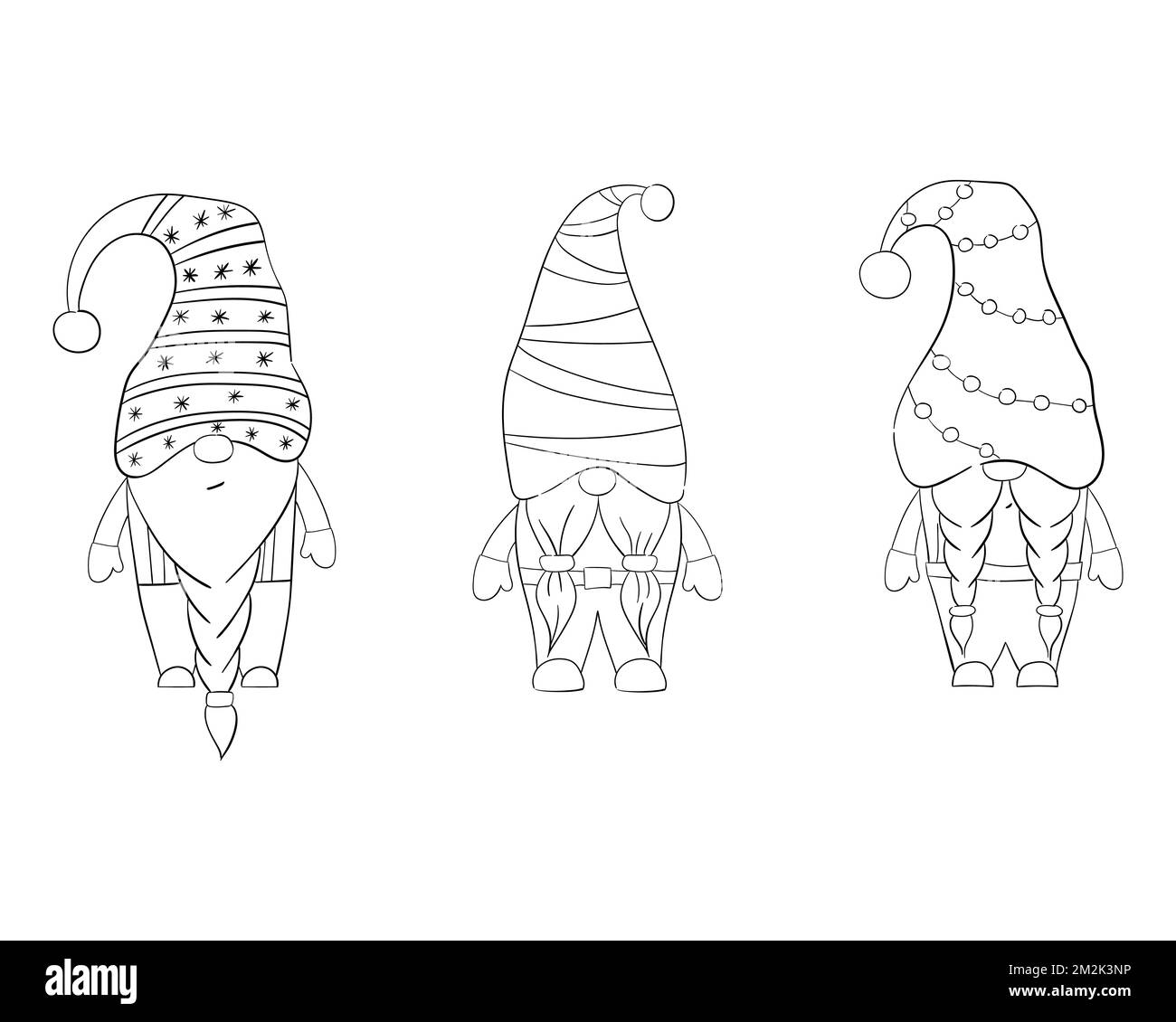 A set of cartoon Christmas gnomes for a coloring book. Linear design ...