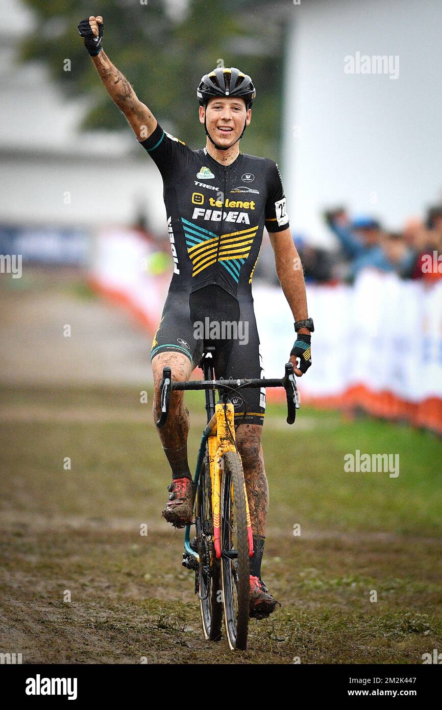 Belgian Nicolas Cleppe celebrates as he crosses the finish line to win ...